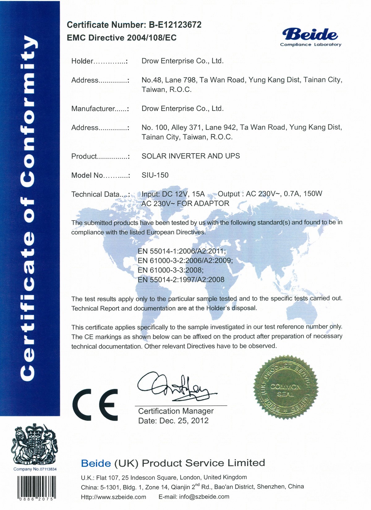 Certification | DC to AC Power Inverter | UPS | Solar Inverter ...