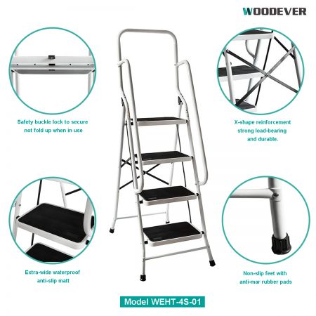 4 Steps Steel Folding Ladder With Safety Guard Handrails (Loading 150 ...