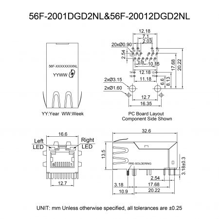 พอร์ตเดี่ยว 5G Base-T PoE & PoE+ แจ็ค RJ45 พร้อม Magnetics | YDS