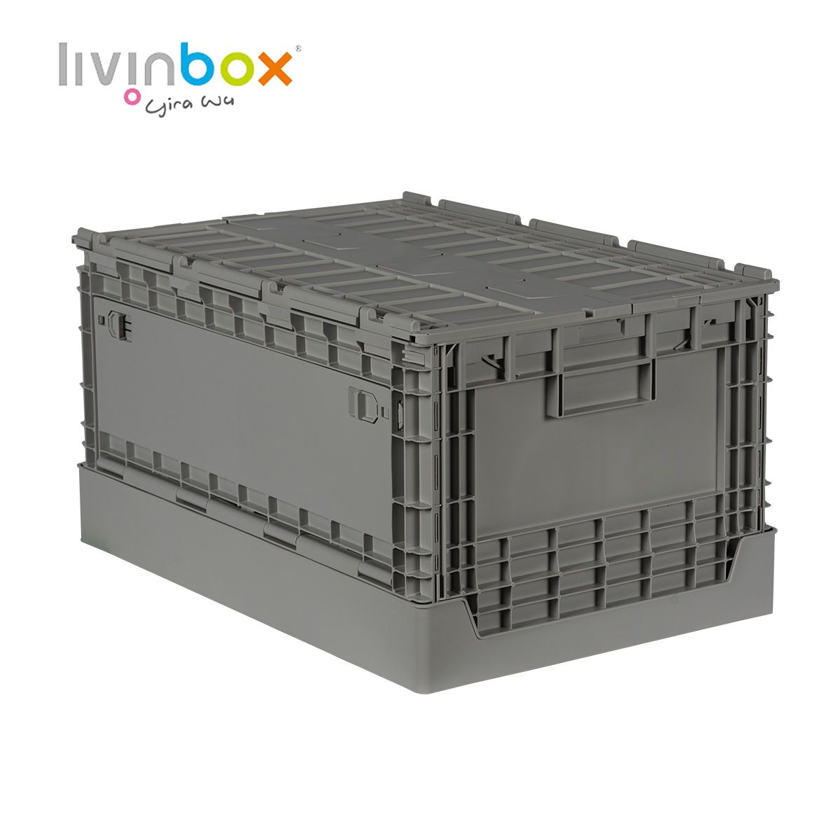 60L Collapsible Plastic Storage Tote with front open door and attached ...