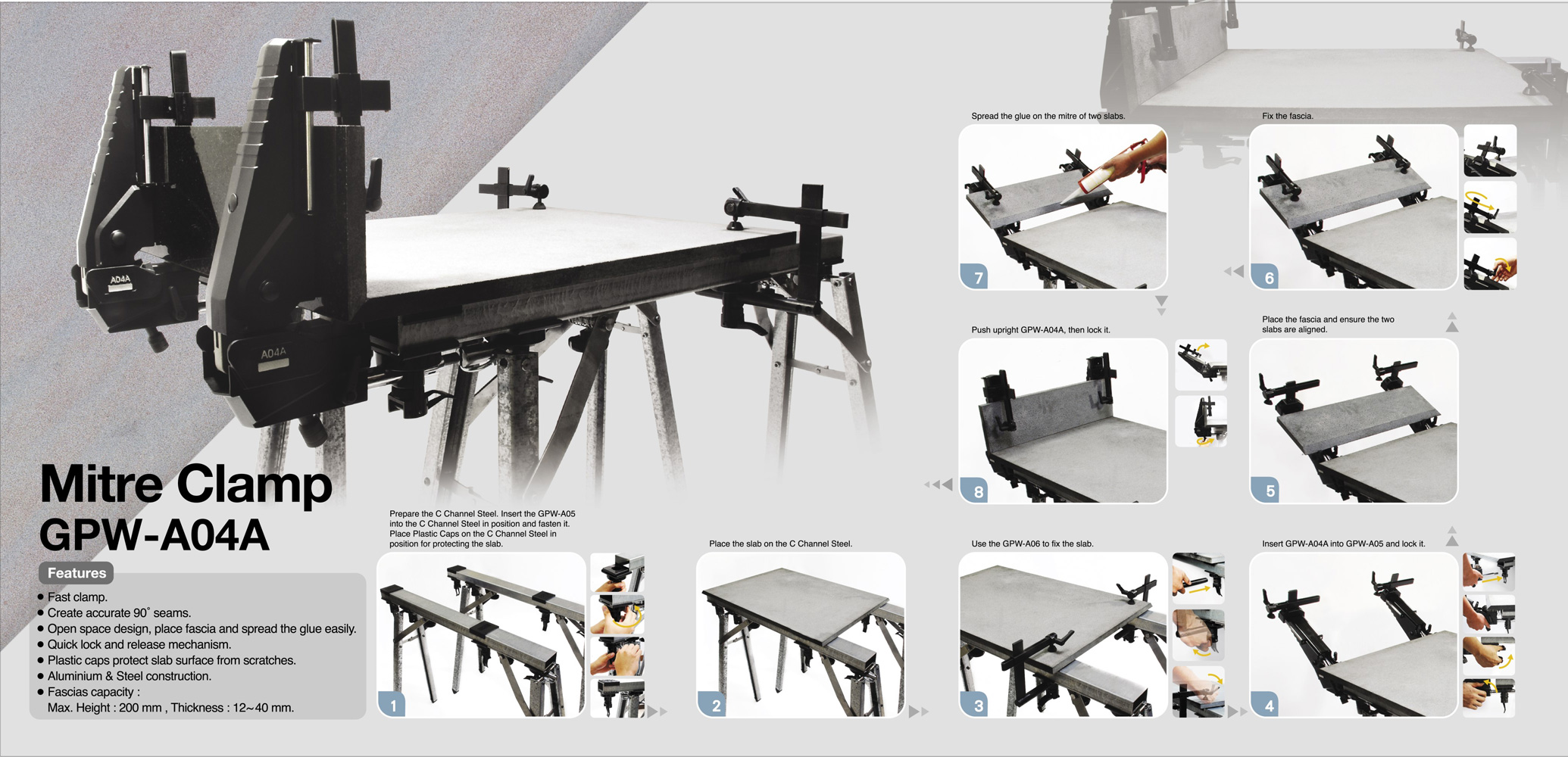 GISON GPW-A04A 石材用45度斜邊黏合輔助夾具 (Mirte Clamp) 型錄 | 台灣吉生氣動工具