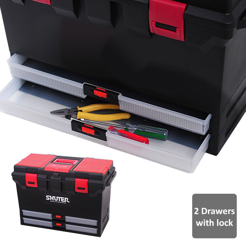 27L Professional Tool Box with 1 Tray, 2 Drawers and Plastic Locks ...