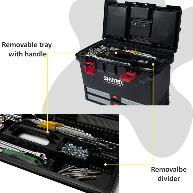27L Professional Tool Box with 1 Tray, 2 Drawers and Plastic Locks ...