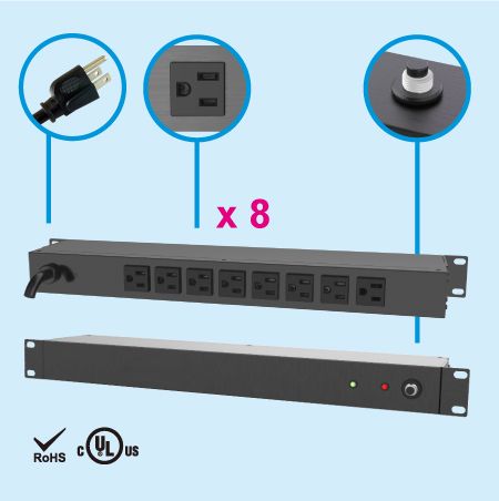 8 NEMA 5-15 1U 19" Rack PDU Power Strip - Rackmount Surge Protector ...