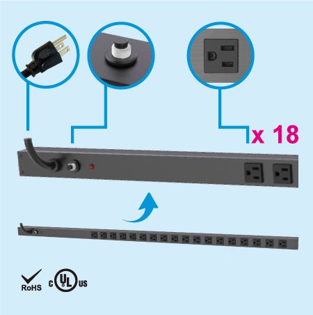 18 NEMA 5-15 0U Vertical Space-saving Cabinet Power Strip - Rackmount ...
